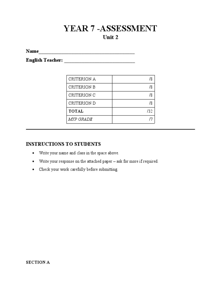 Year 7 - Assessment: Unit 2 | PDF