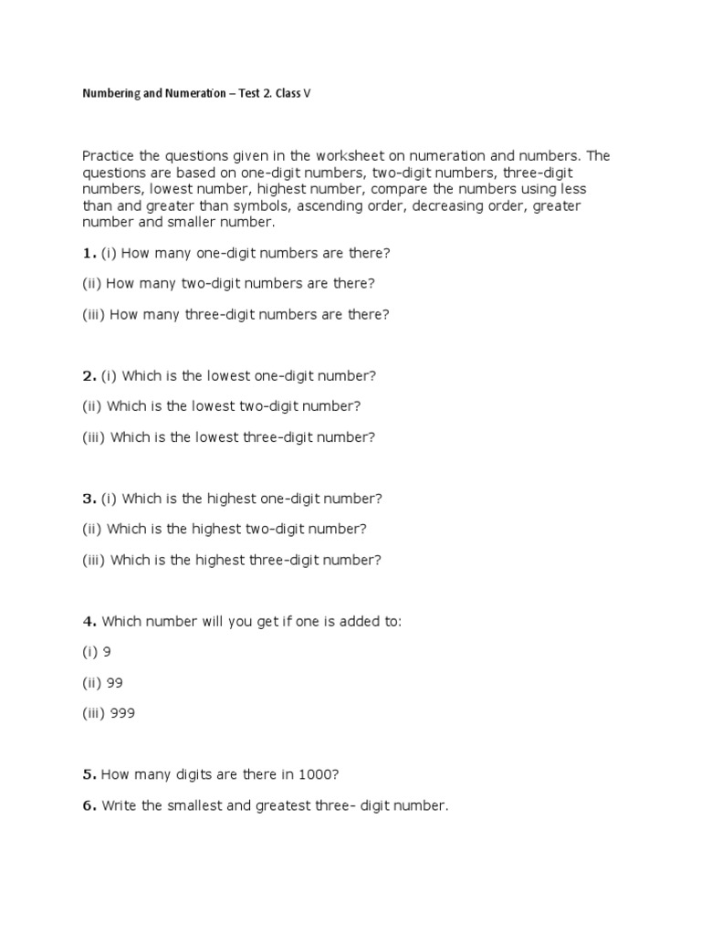 Numbering and Numeration - Test 2. Class V | PDF