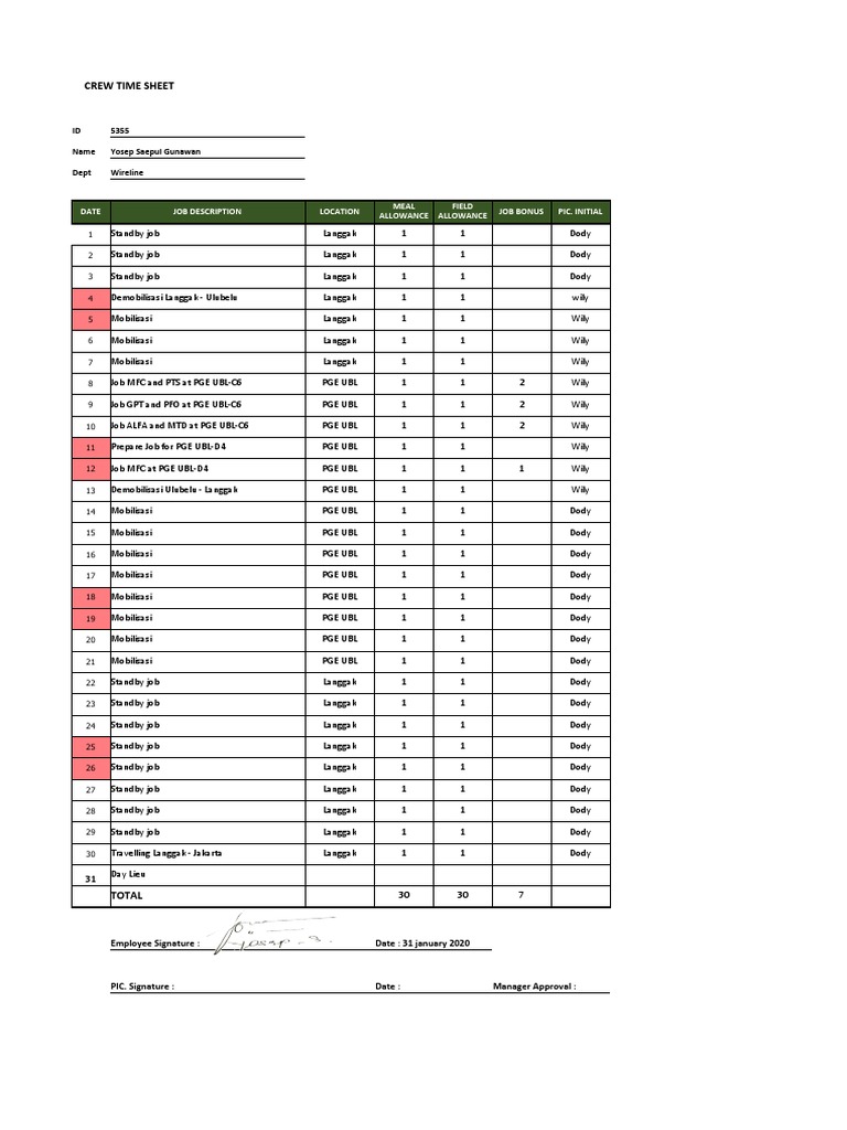 Timesheet Form Jan 2020 Yosef Saepul G | PDF