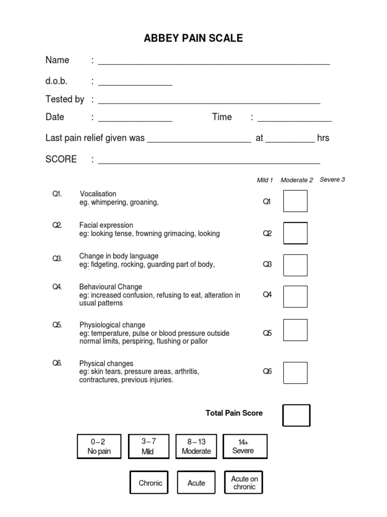 Abbey Pain Scale: Mild 1 Moderate 2 Severe 3 | PDF