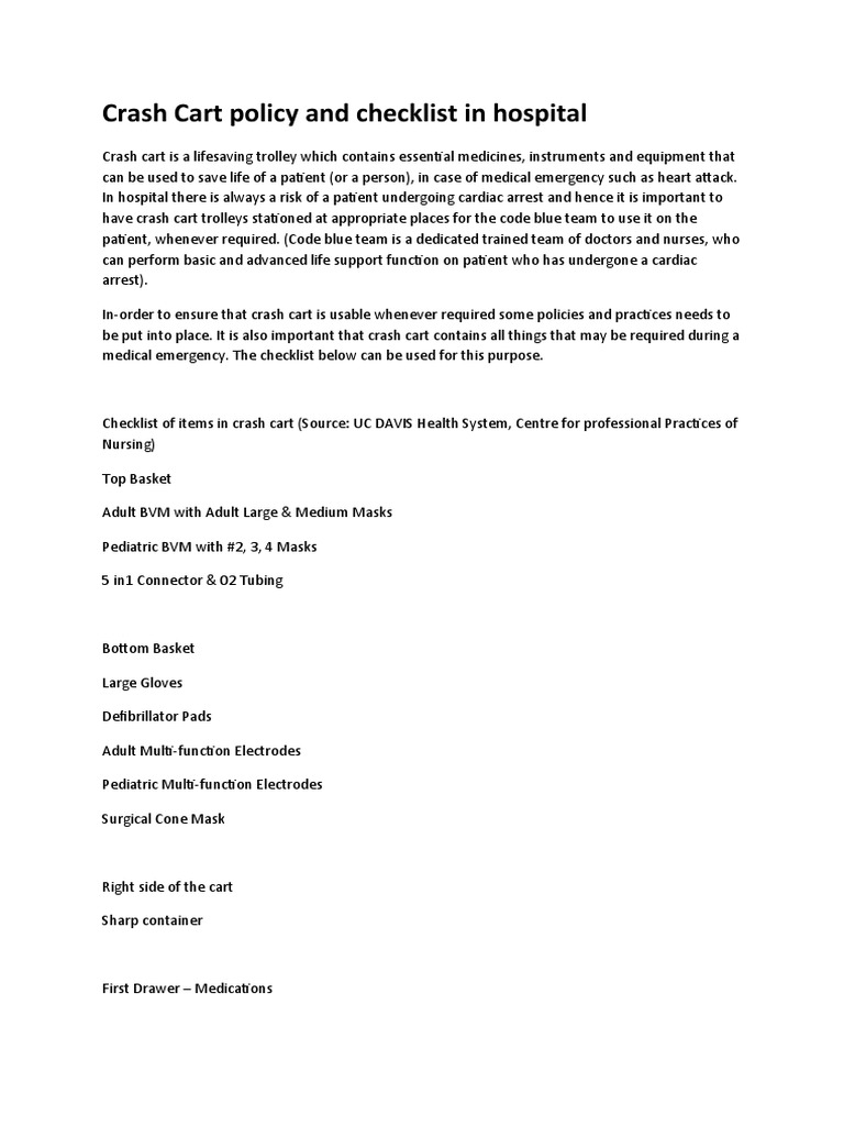 Crash Cart Policy And Checklist In Hospital PDF Syringe Catheter