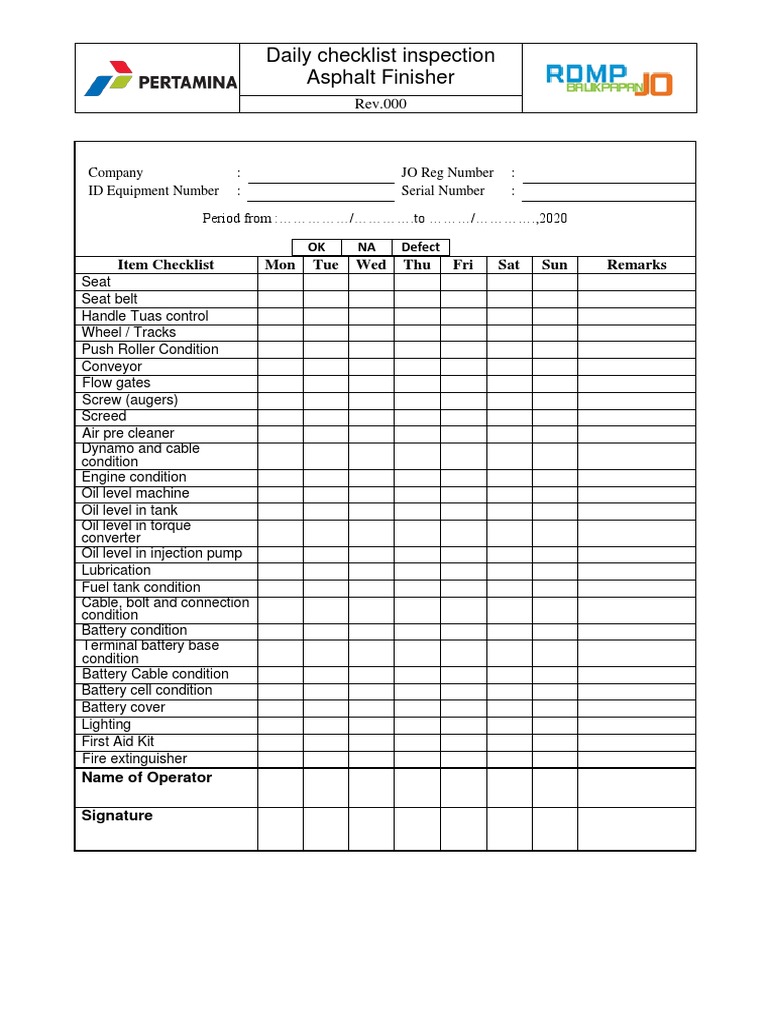 Daily Checklist Asphalt Finisher