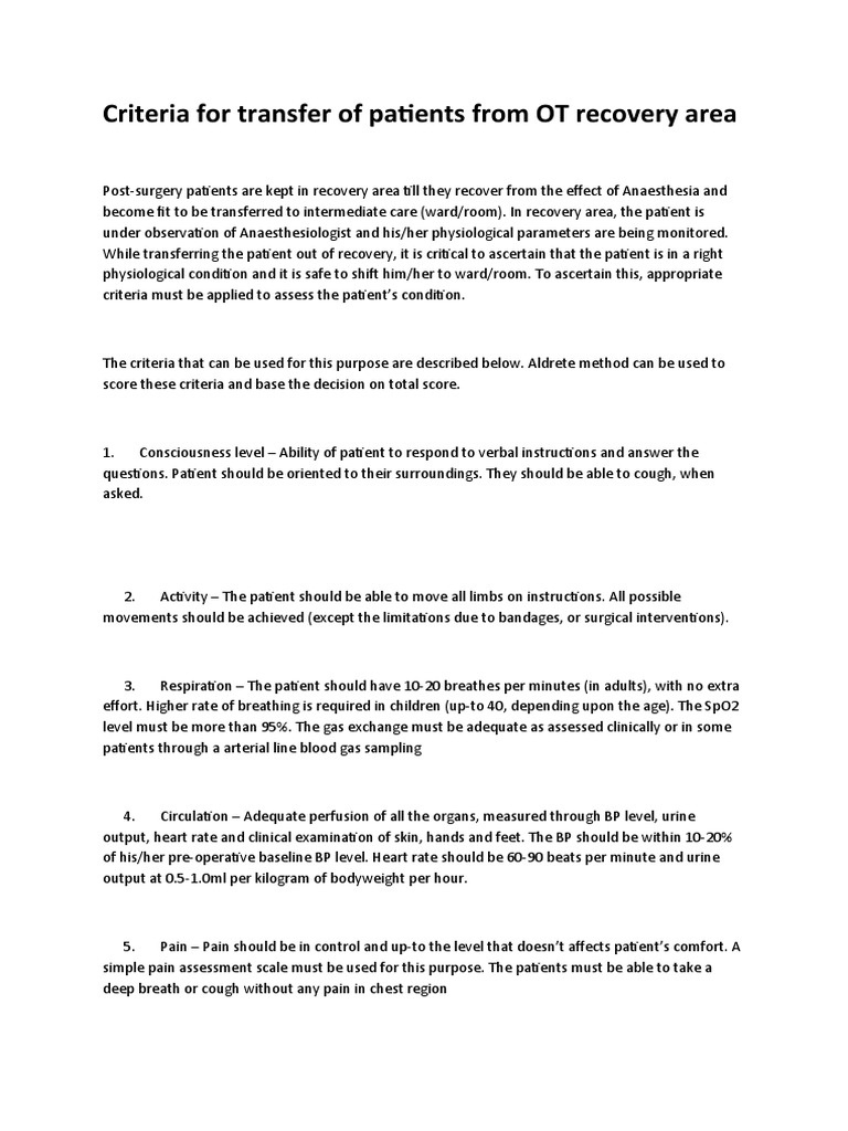 Criteria For Transfer of Patients From OT Recovery Area | PDF ...