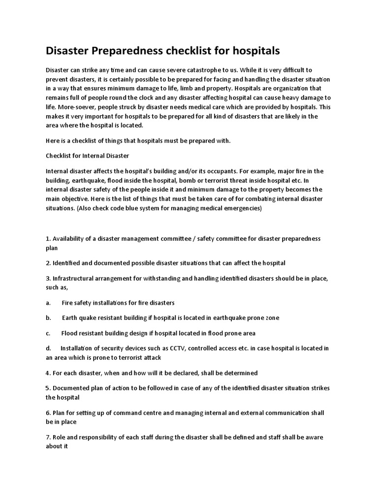 Disaster Preparedness Checklist For Hospitals | PDF | Emergency ...