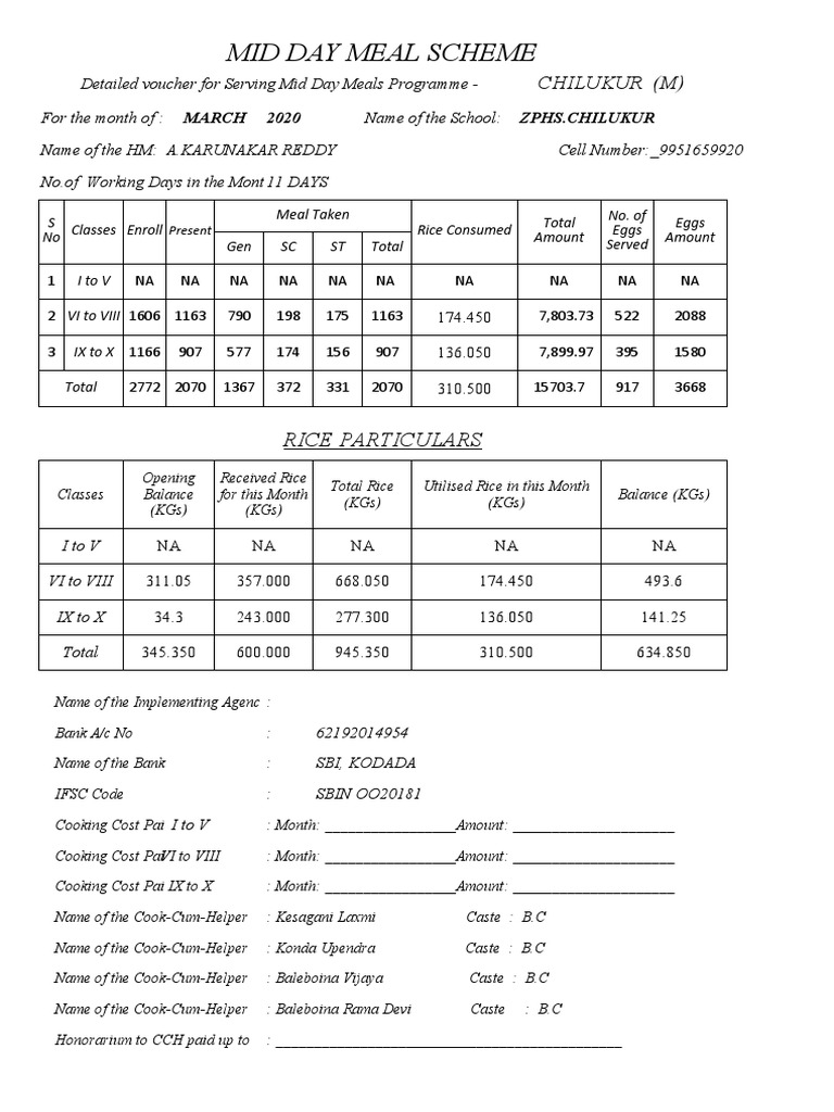 Mid Day Meal Monthly Report - March 2020 | PDF | Food And Drink | Cooking