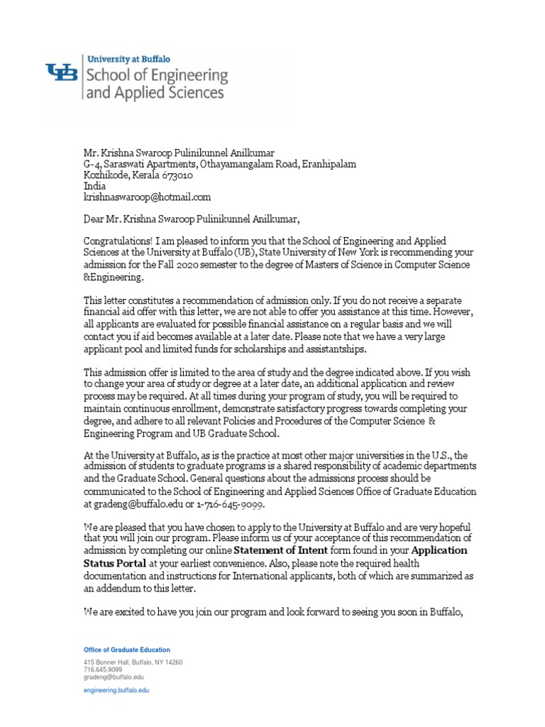 Buffalo Acceptance Pdf Pdf Graduate School University And College