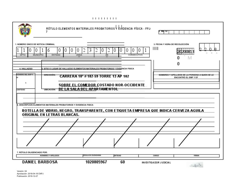 RÓTULO ELEMENTOS MATERIALES PROBATORIOS Y EVIDENCIA FÍSICA | PDF ...