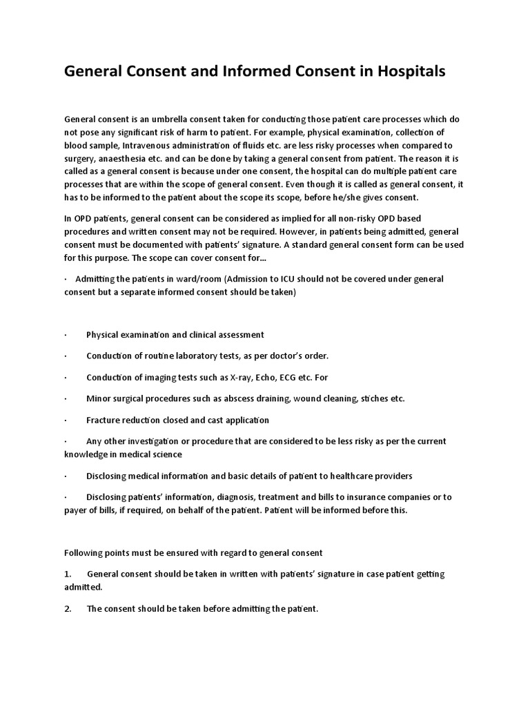 General Consent and Informed Consent in Hospitals | PDF | Informed ...