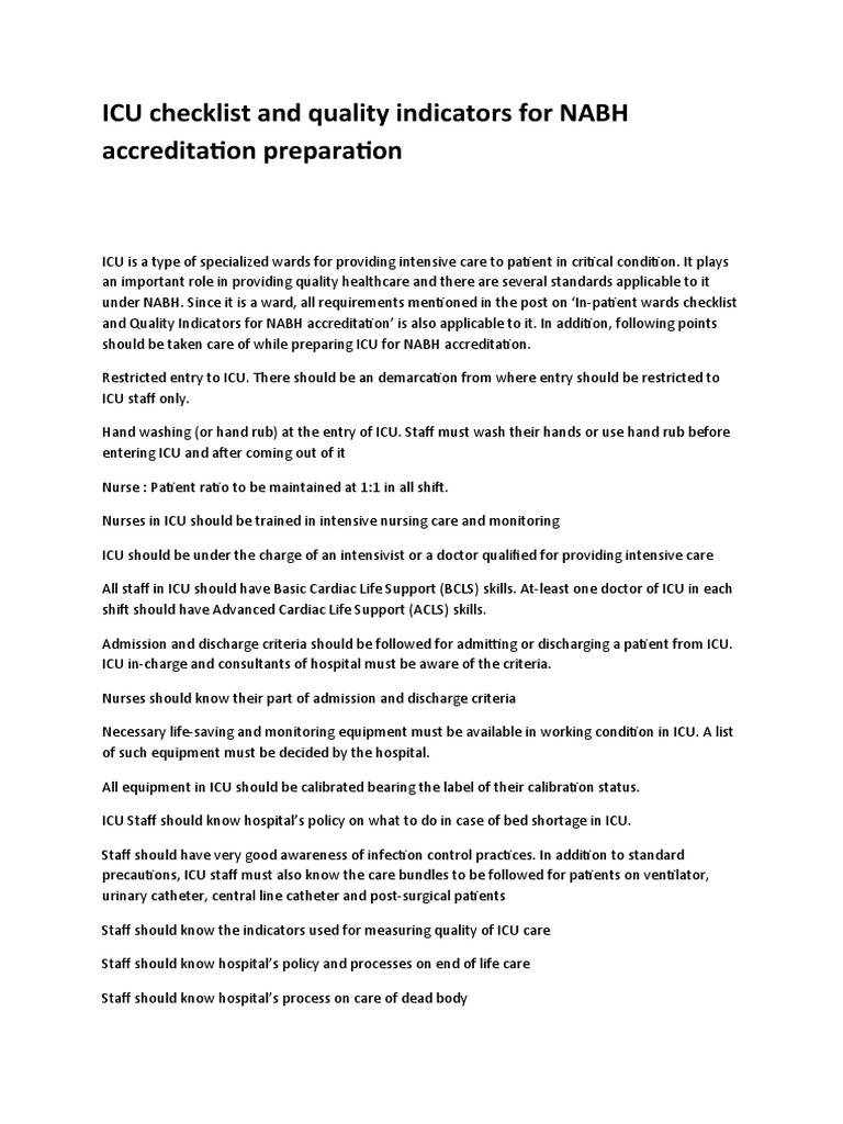 ICU Checklist and Quality Indicators For NABH Accreditation Preparation ...