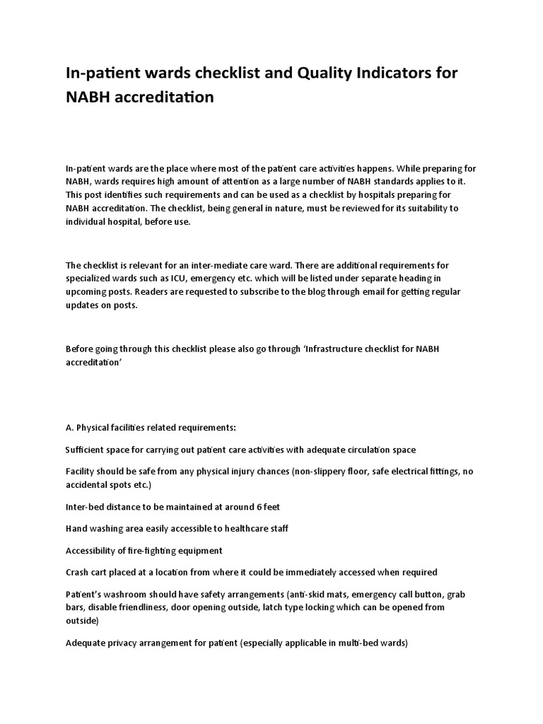 NABH In-Patient Ward Checklist | PDF | Hospital | Patient