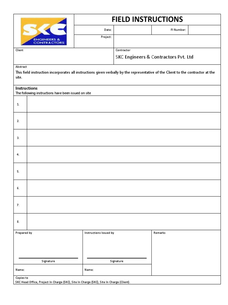 Field Instructions: SKC Engineers & Contractors Pvt. LTD | PDF