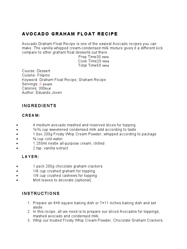 Avocado Graham Float Recipe | PDF | Desserts | Mango