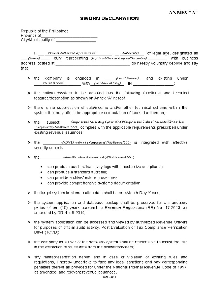 RMC No. 10-2020 Annex A - Sworn Declaration | PDF | Regulatory Compliance | Audit