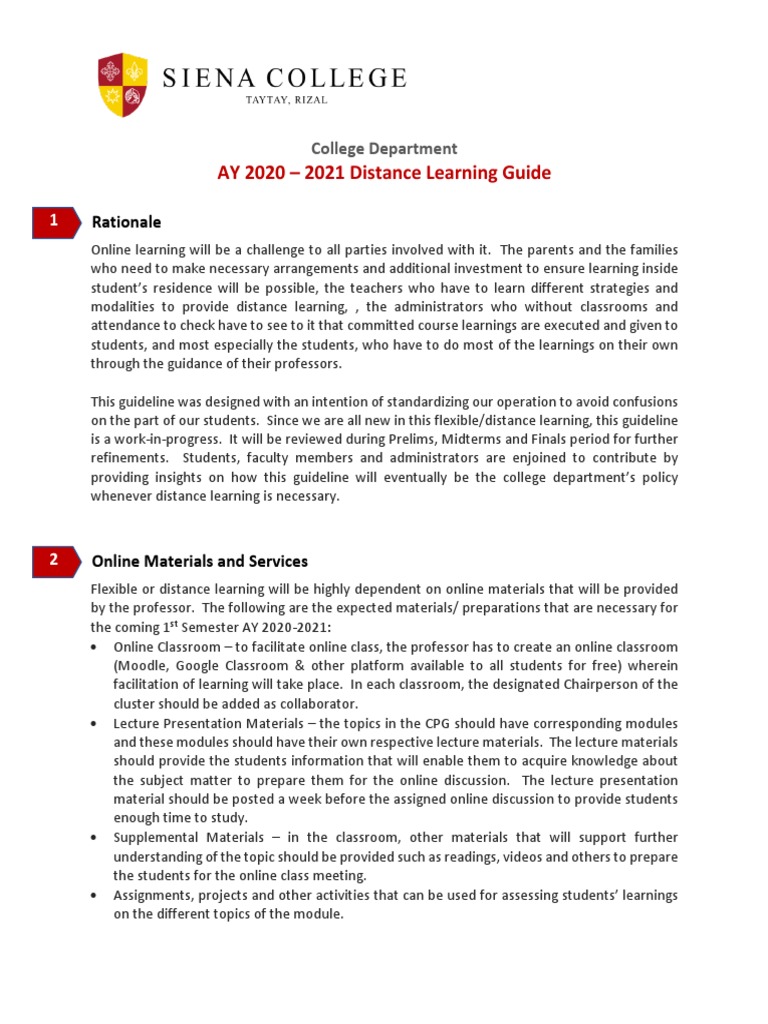 AY 2020 - 2021 Distance Learning Guide: Rationale | PDF | Distance ...