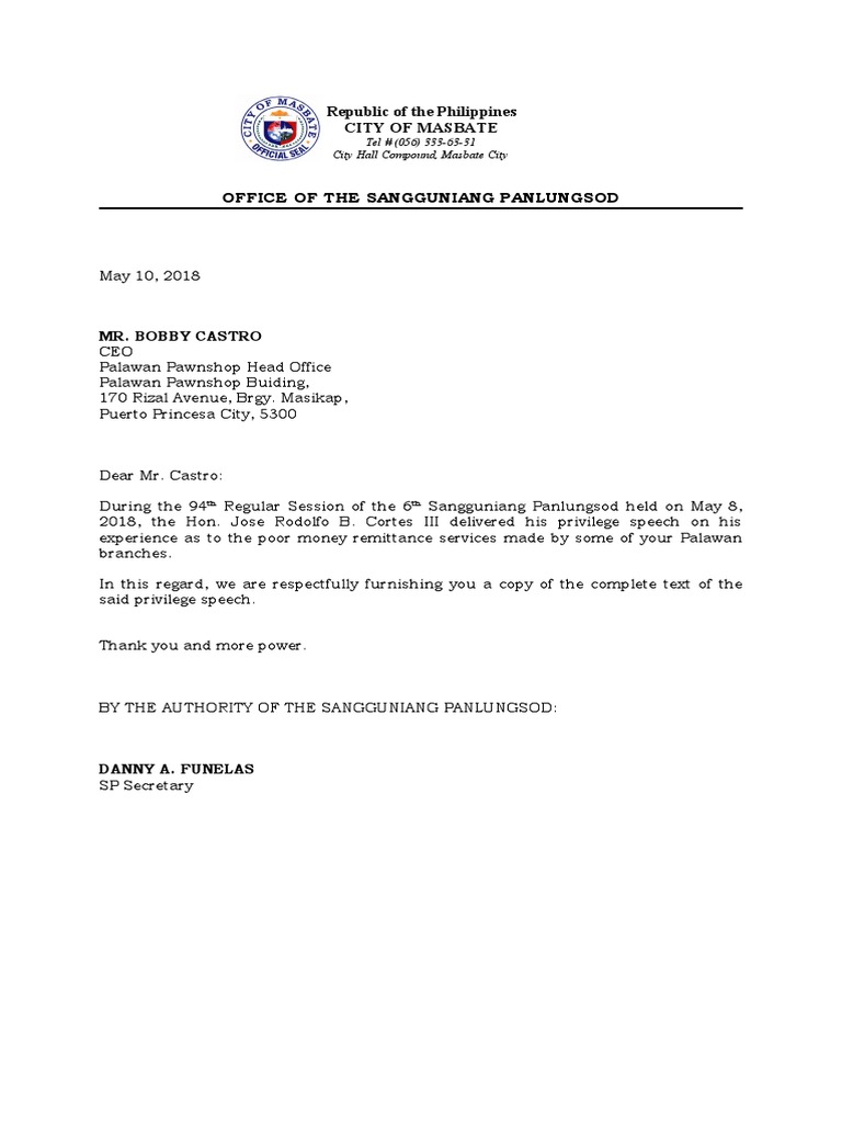 Furnishing Letter To PALAWAN PAWNSHOP - Mco - 051018 | PDF