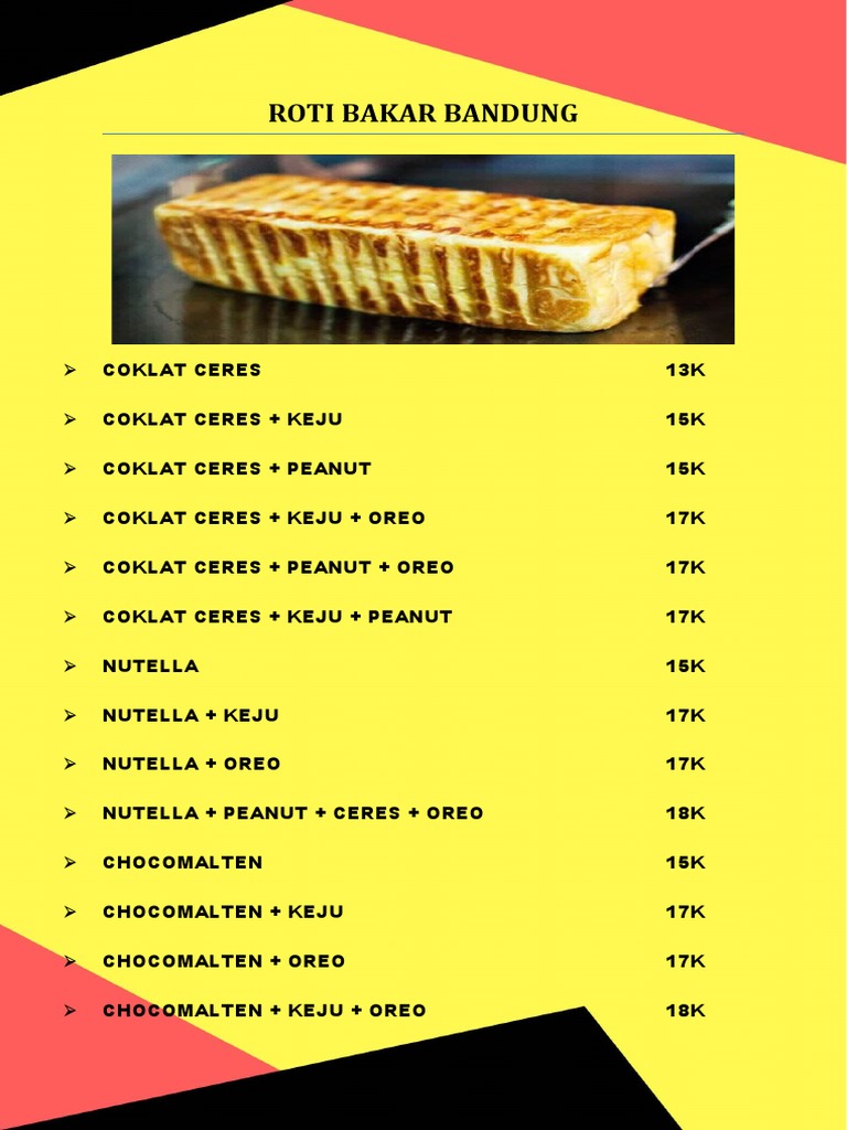 Daftar Menu Roti Bakar Bandung Putri | PDF