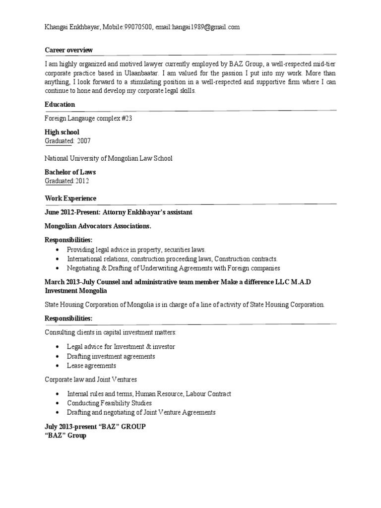 CV Draft | PDF | Mongolia | Lawyer