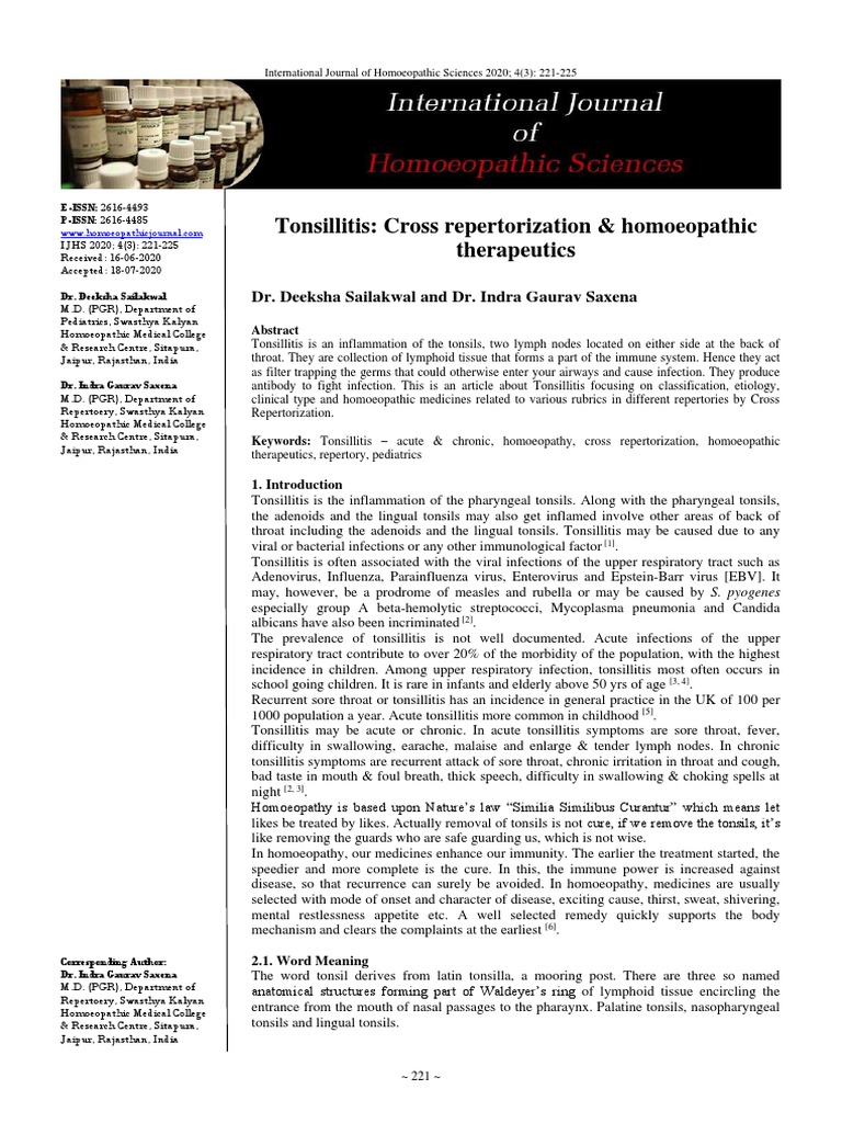 Tonsillitis: Cross Repertorization & Homoeopathic Therapeutics | PDF ...