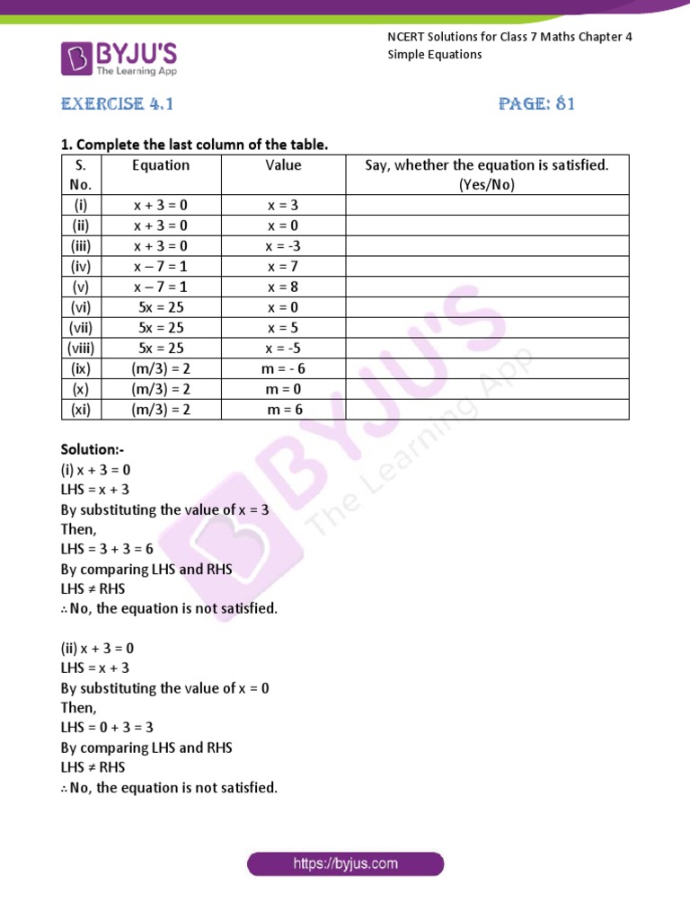 NCERT Solutions For Calss 7 Maths Chapter 4 Simple Equations PDF | PDF ...