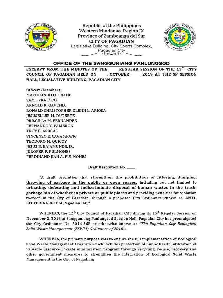 Draft Resolution to Strengthen Prohibitions Against Littering and ...