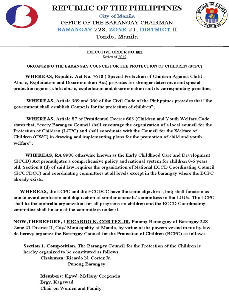 Executive Order No 003 | PDF | Executive Order | Child Care