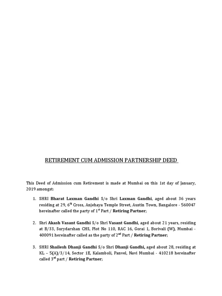 Retirement and Admission Partnership Deed | PDF | Partnership | Salary