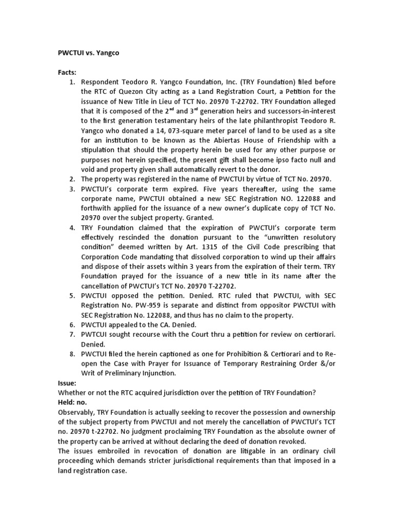 Phil. Women - S Christian Temperance Union v. Yangco | PDF | Complaint | Damages