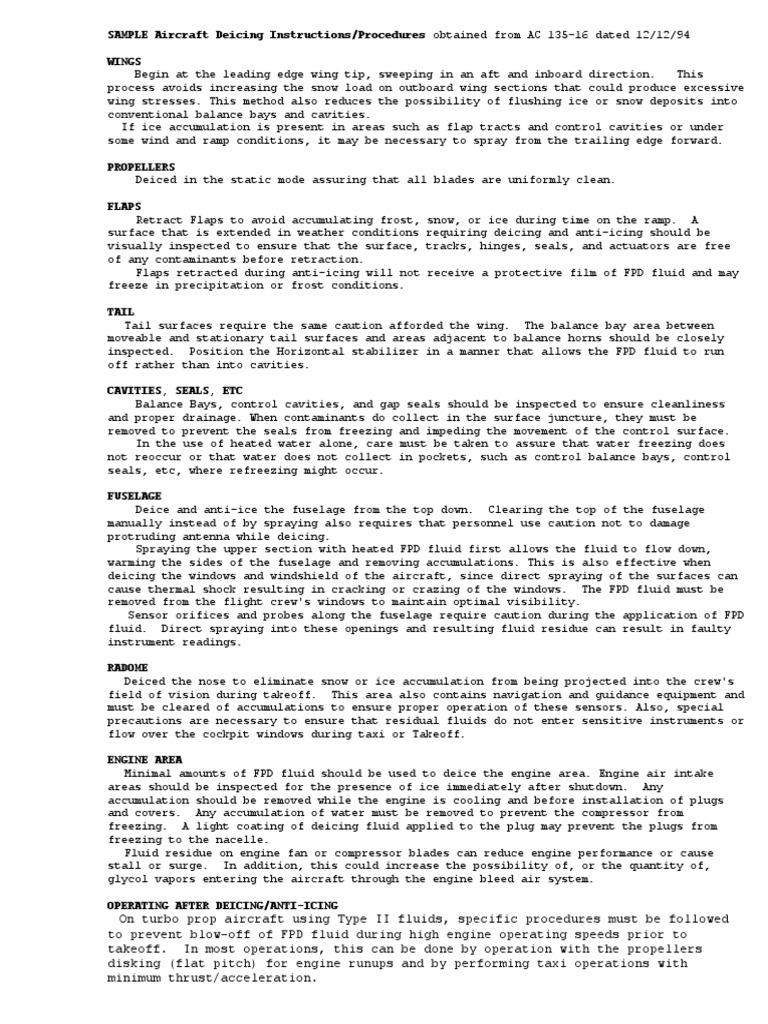 SAMPLE Aircraft Deicing Instructions/Procedures Obtained From AC 135-16 ...