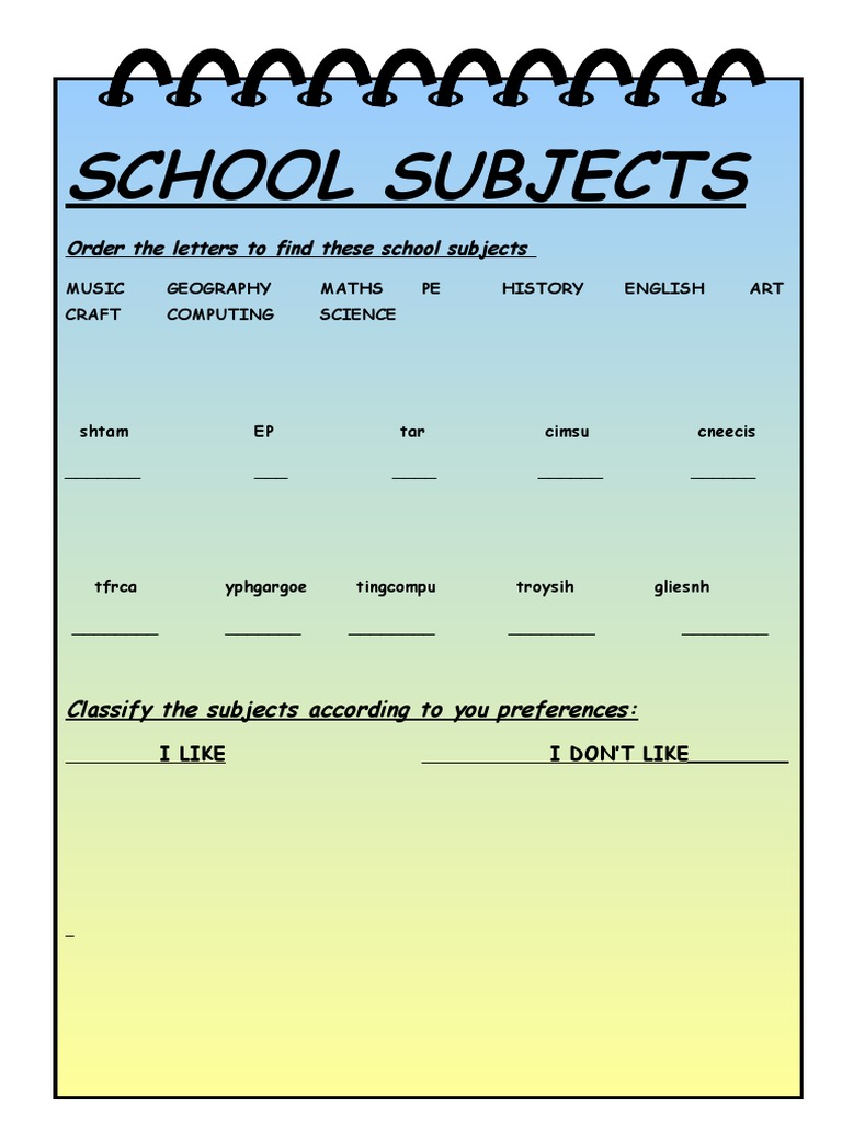 School Subjects: Order The Letters To Find These School Subjects | PDF ...