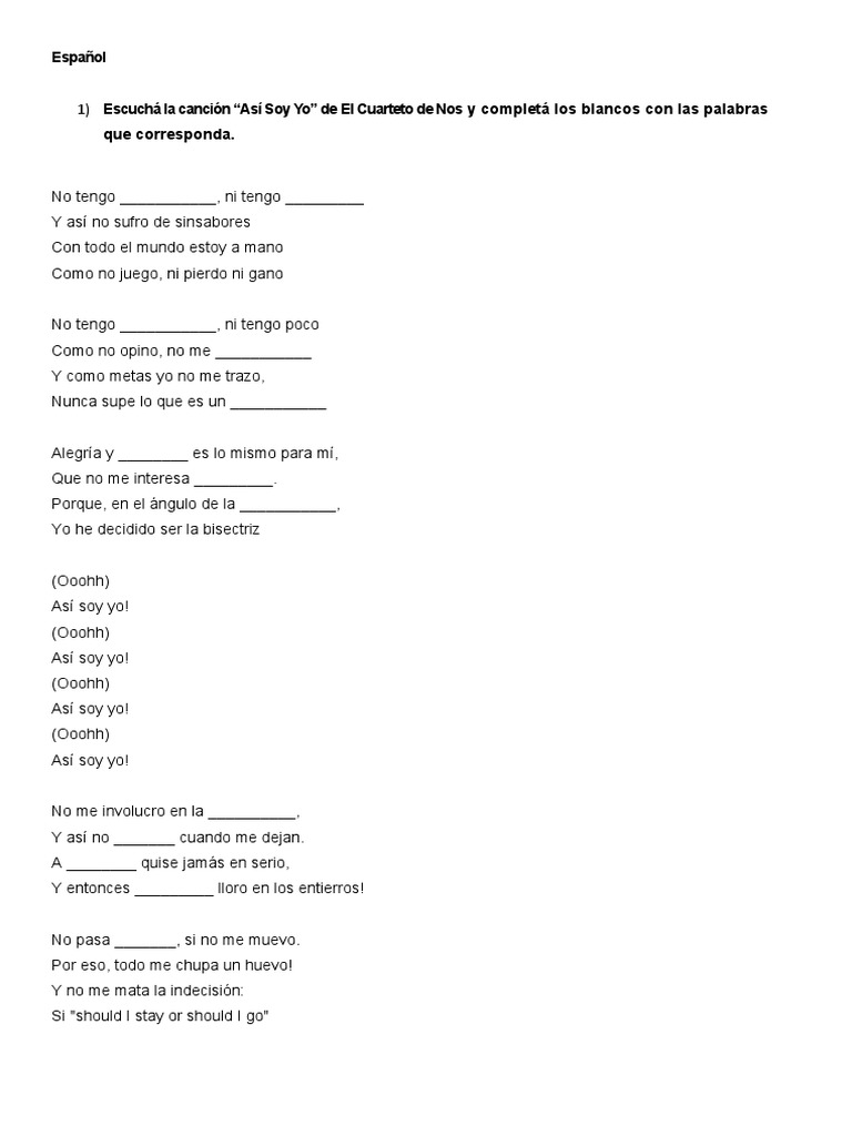 Canción Así Soy Yo de El Cuarteto de Nos ACTIVIDAD | PDF