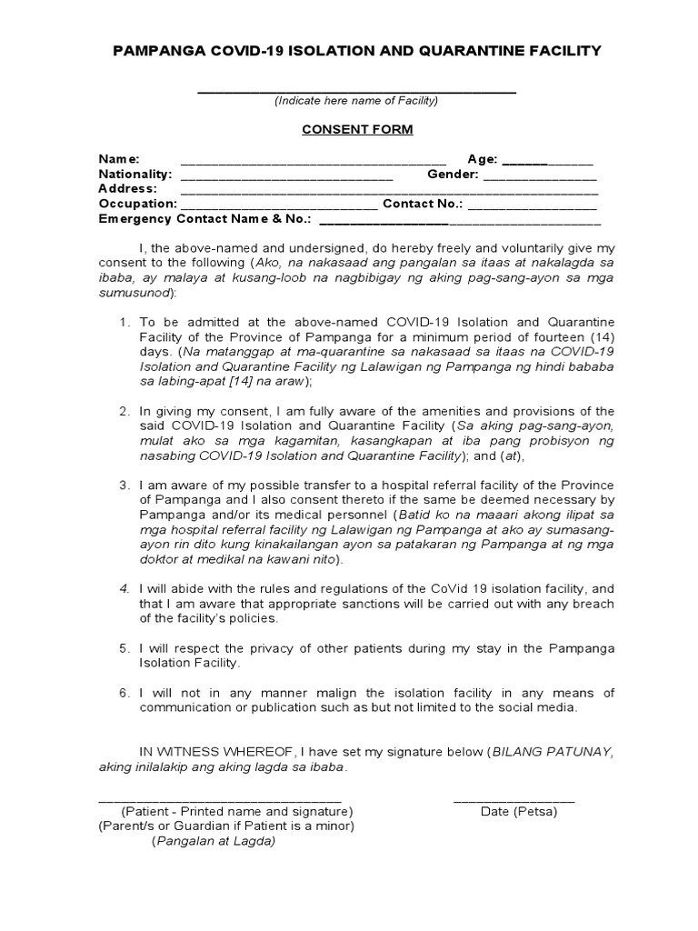 Pampanga Covid-19 Isolation and Quarantine Facility: (Indicate Here ...