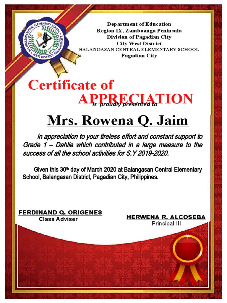 Certificate of Appreciation For Parents | PDF