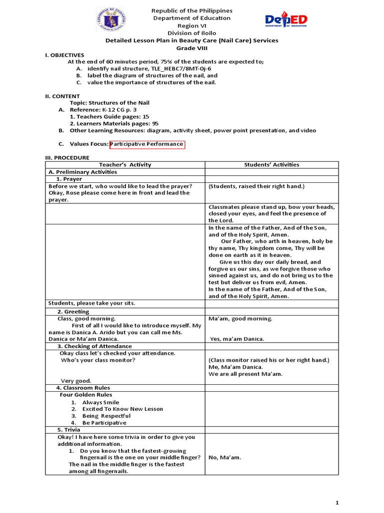 Detailed Lesson Plan in Beauty Care (Nail Care) Services Grade VIII ...