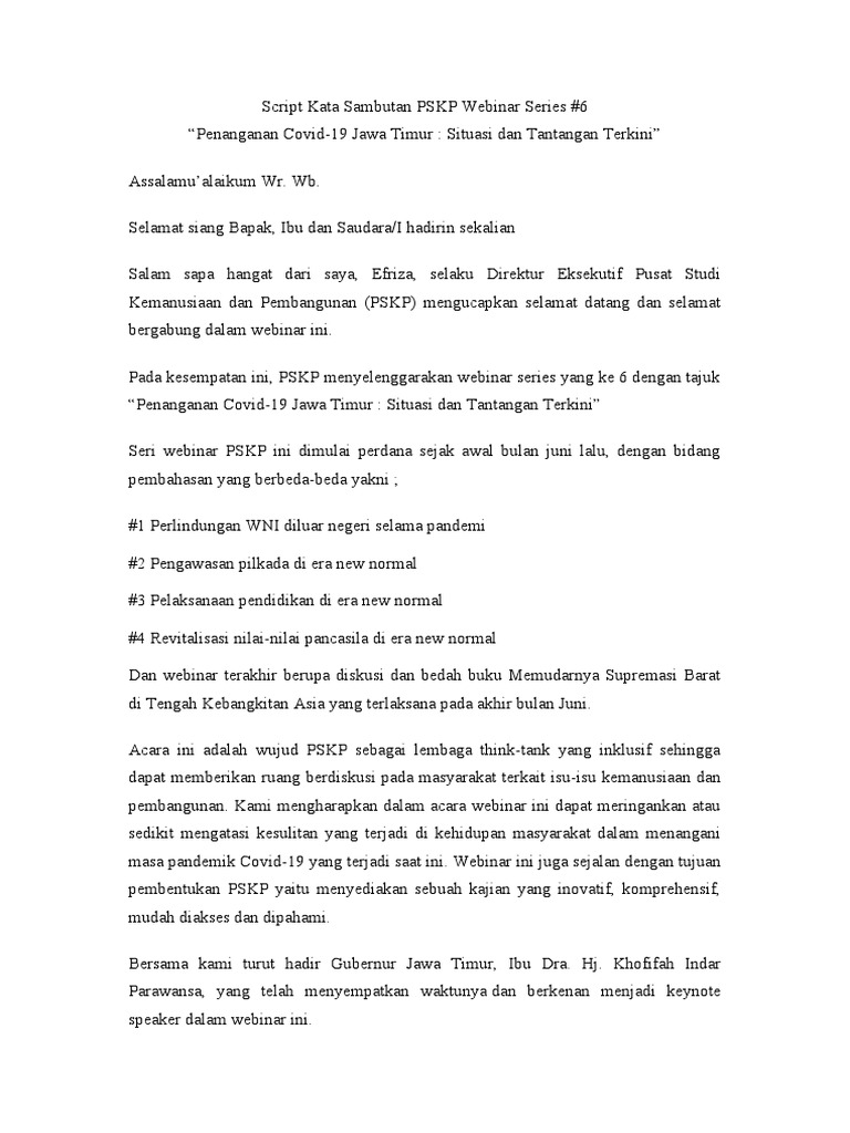 Script Kata Sambutan PSKP Webinar Jatim | PDF