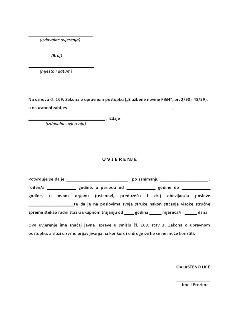 Uvjerenje o Radnom Stazu | PDF