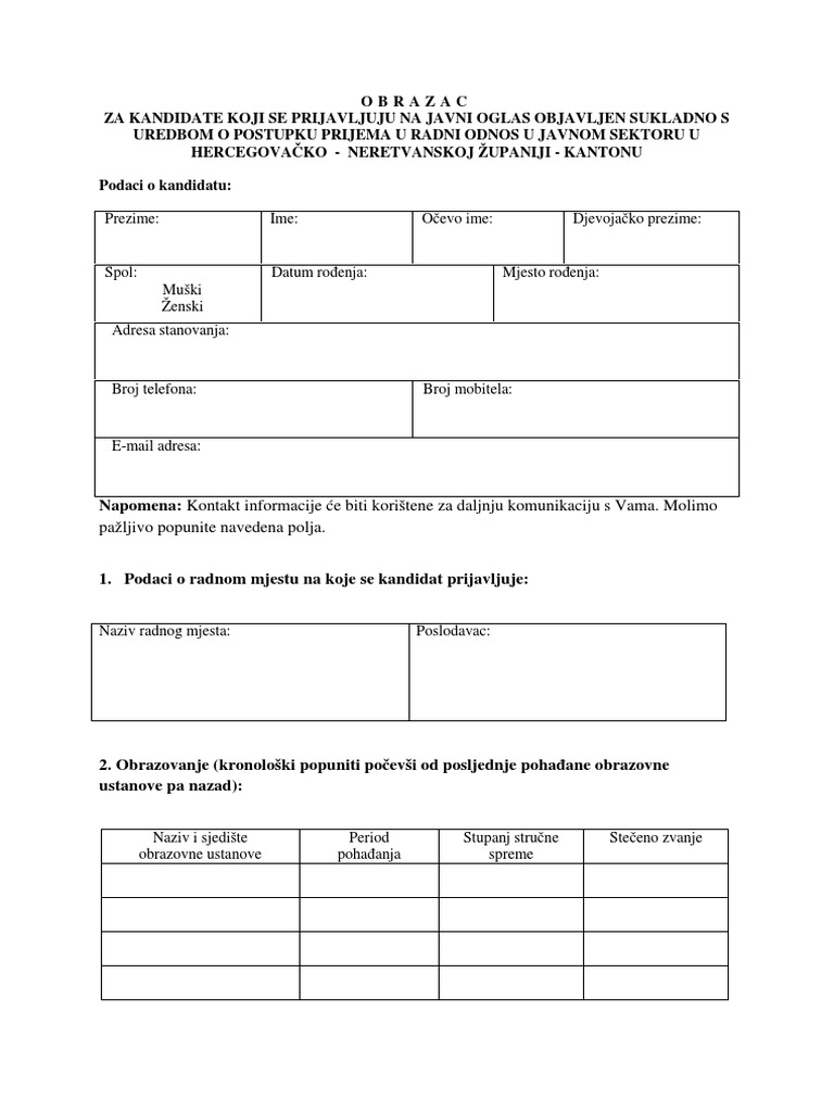 Obrazac Za Kandidate Koji Se Prijavljuju Na Javni Konkurs - 2 | PDF