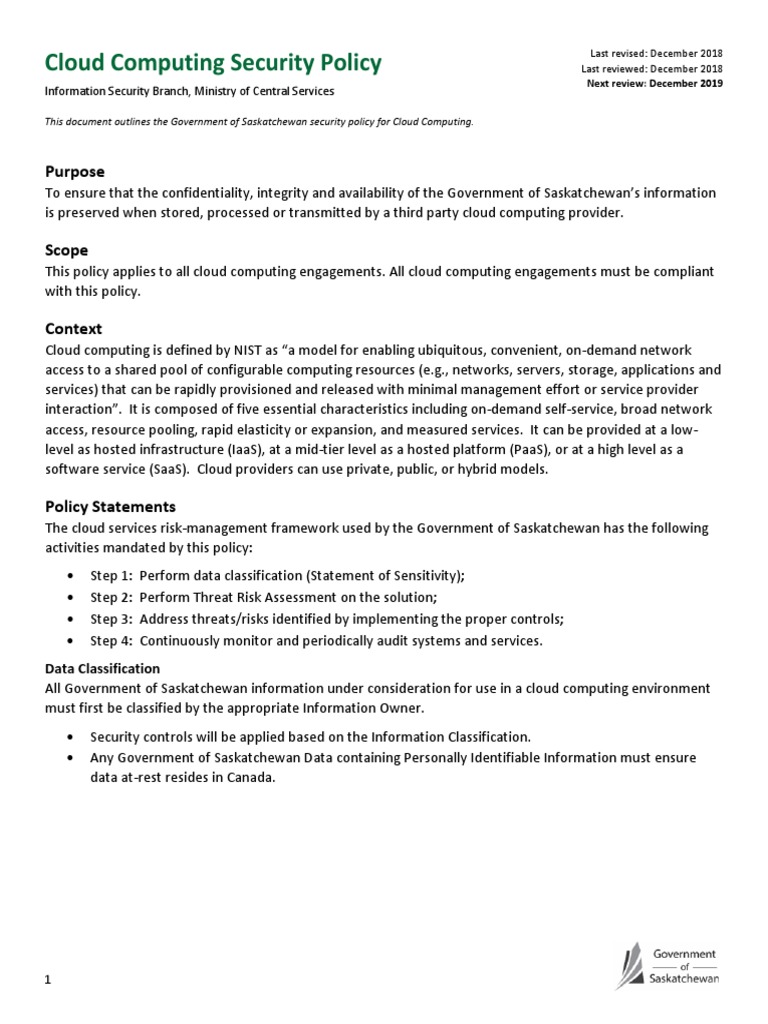 Saskatchewan Cloud Security Policy | PDF | Cloud Computing ...