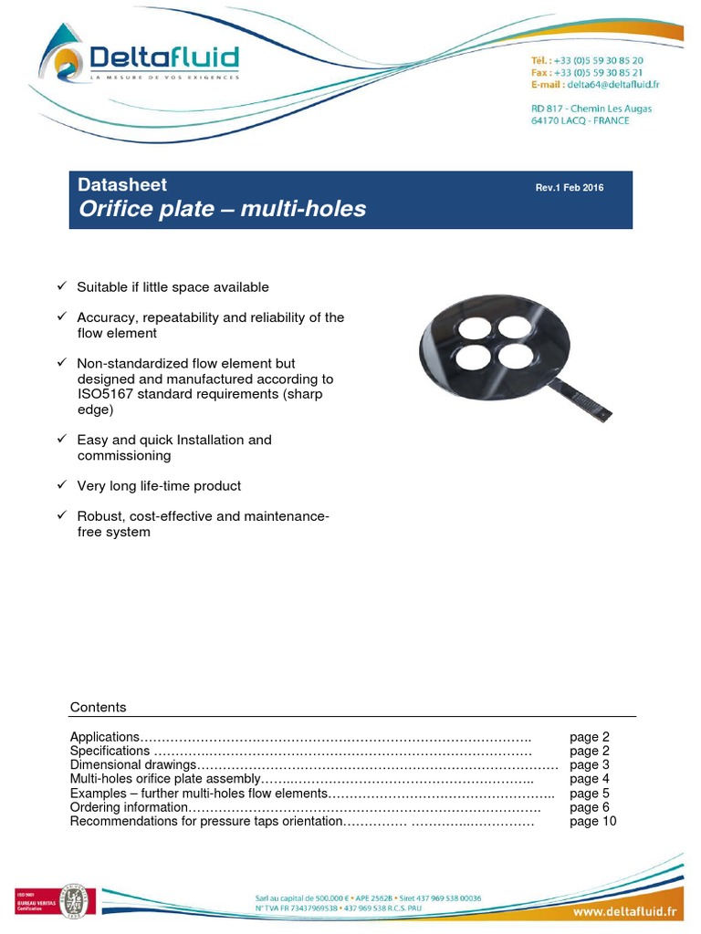 Orifice Plate - Multi-Holes: Datasheet | PDF | Pipe (Fluid Conveyance ...