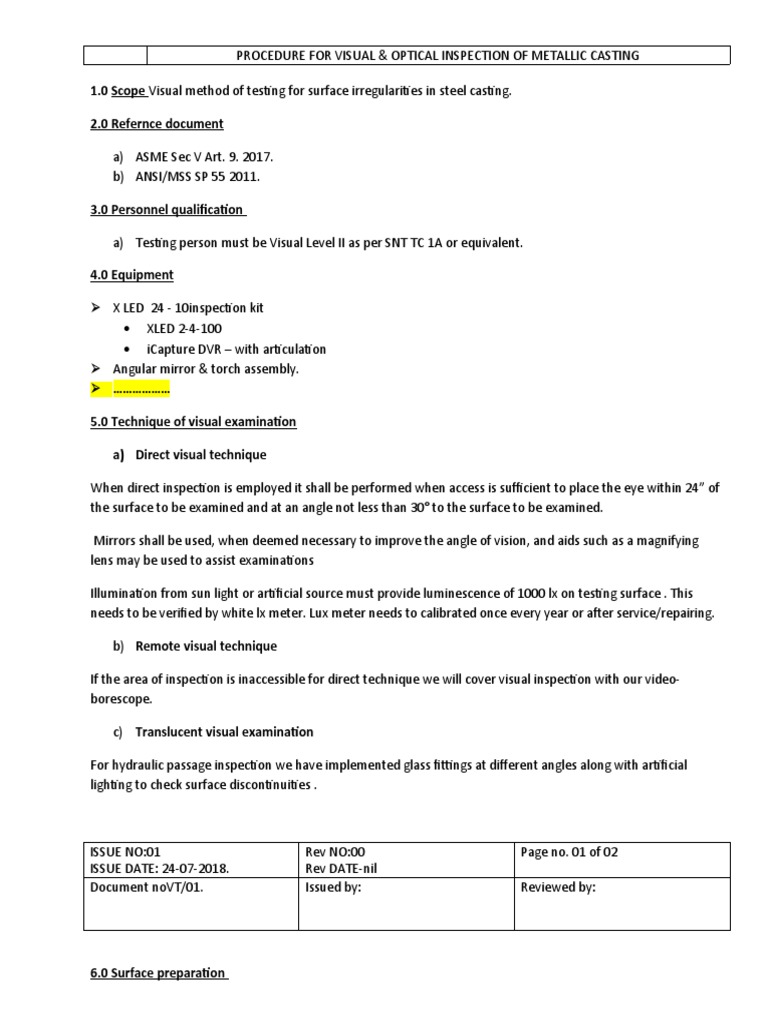 Visual Testing Procedure For Steel Casting | PDF | Light | Optics