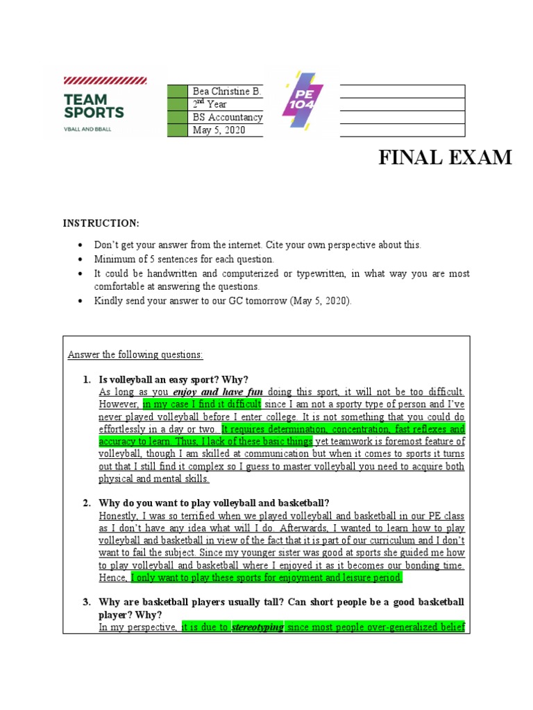 Final Exam: Student Name: Year: Course: Date of Requirement | PDF | Physical Education ...