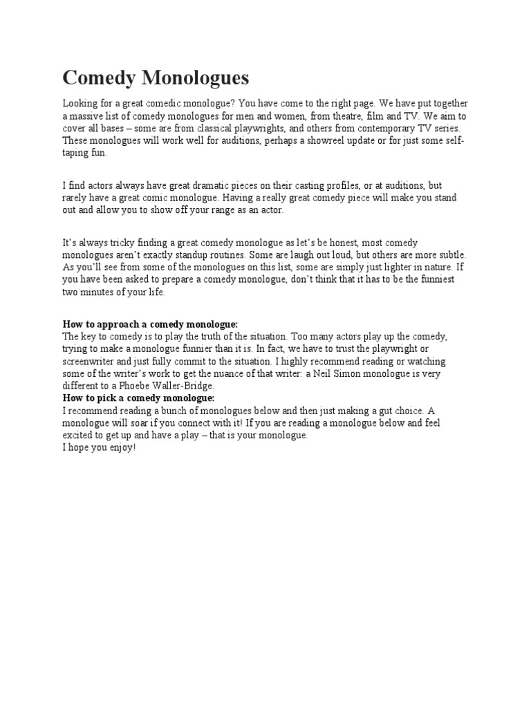 Comedy Monologues: How To Approach A Comedy Monologue | PDF