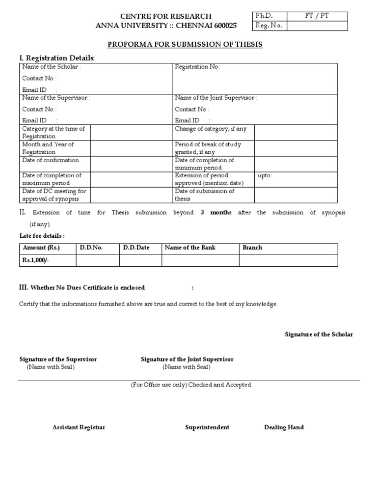Centre For Research Anna University:: Chennai 600025 Proforma For ...