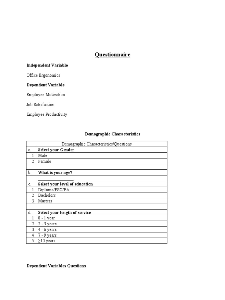 Questionnaire: Independent Variable | PDF | Applied Psychology ...