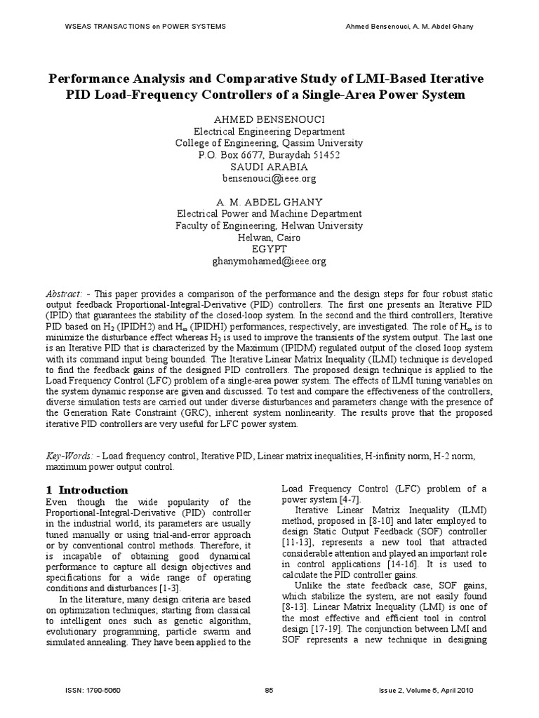 Performance Analysis and Comparative Study of LMI-Based Iterative PID Load-Frequency Controllers ...