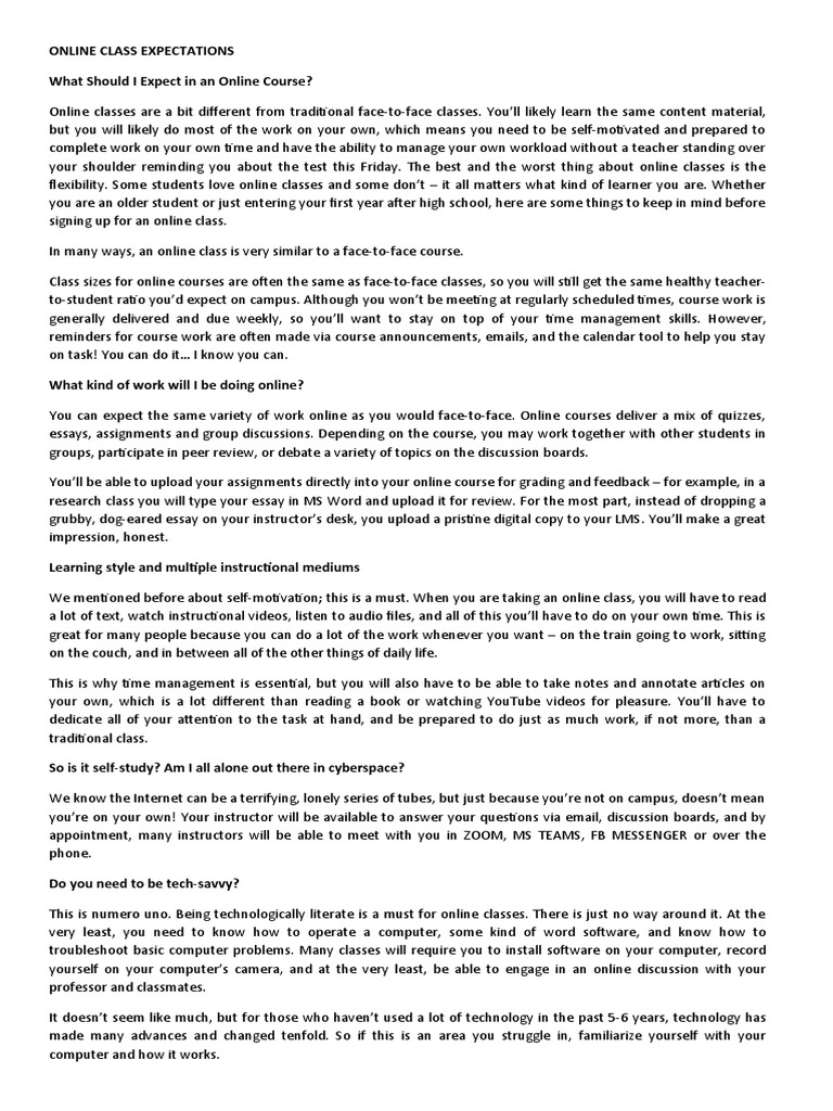 Online Class Expectations Guide | PDF | Educational Technology | Teachers