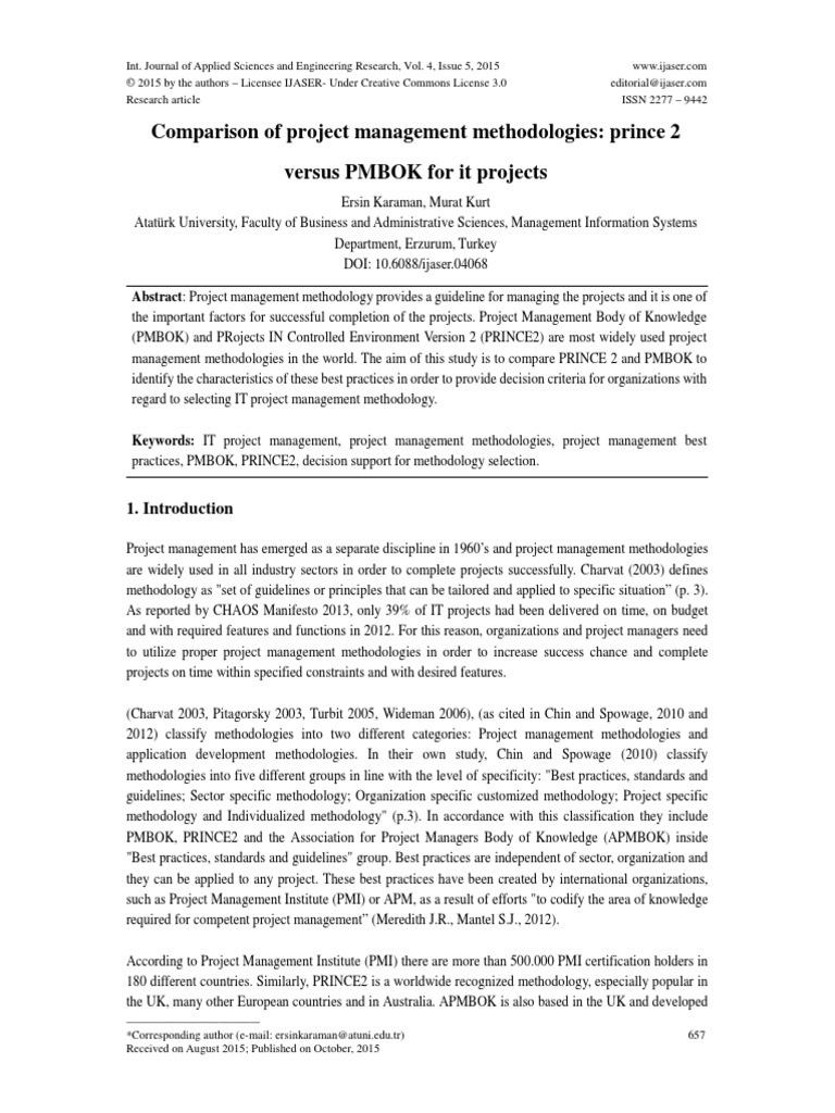 Comparison Of Project Management Methodologies Prince 2 Versus Pmbok 