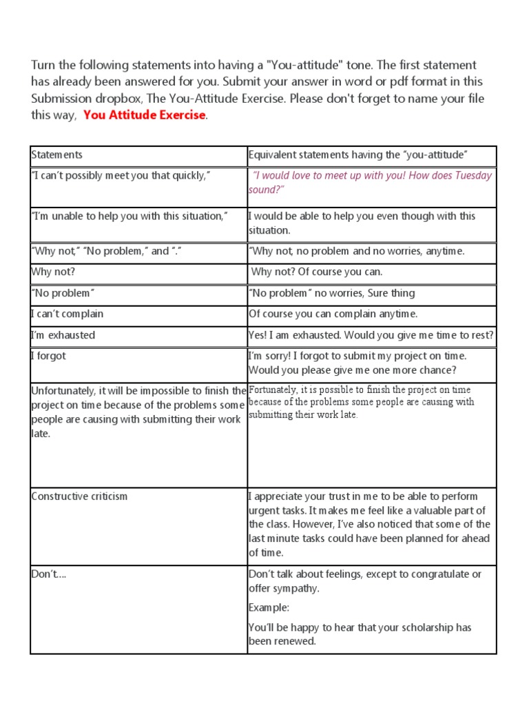You-Attitude Tone Transformation Exercise | PDF | Self-Improvement