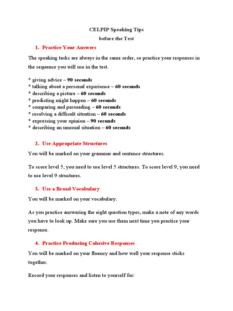 Practice Your Answers: CELPIP Speaking Tips Before The Test | PDF ...