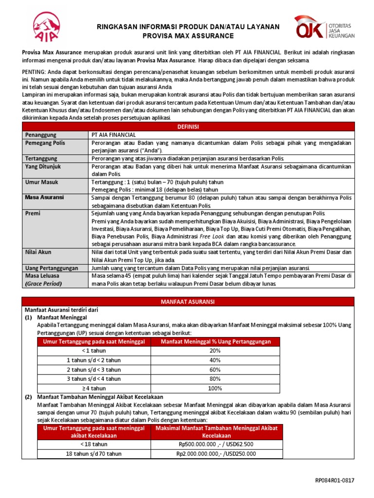 Ringkasan Produk Provisa Max Assurance - RP084R01-0817 | PDF