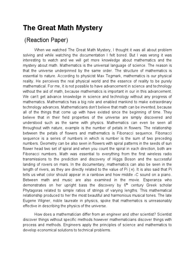 The Great Math Mystery: (Reaction Paper) | PDF | Teaching Mathematics ...